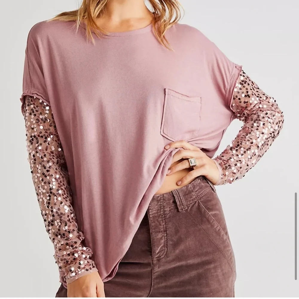 Free People | Tops | Free People Celine Tee Sequined Sleeve T Shirt New ...
